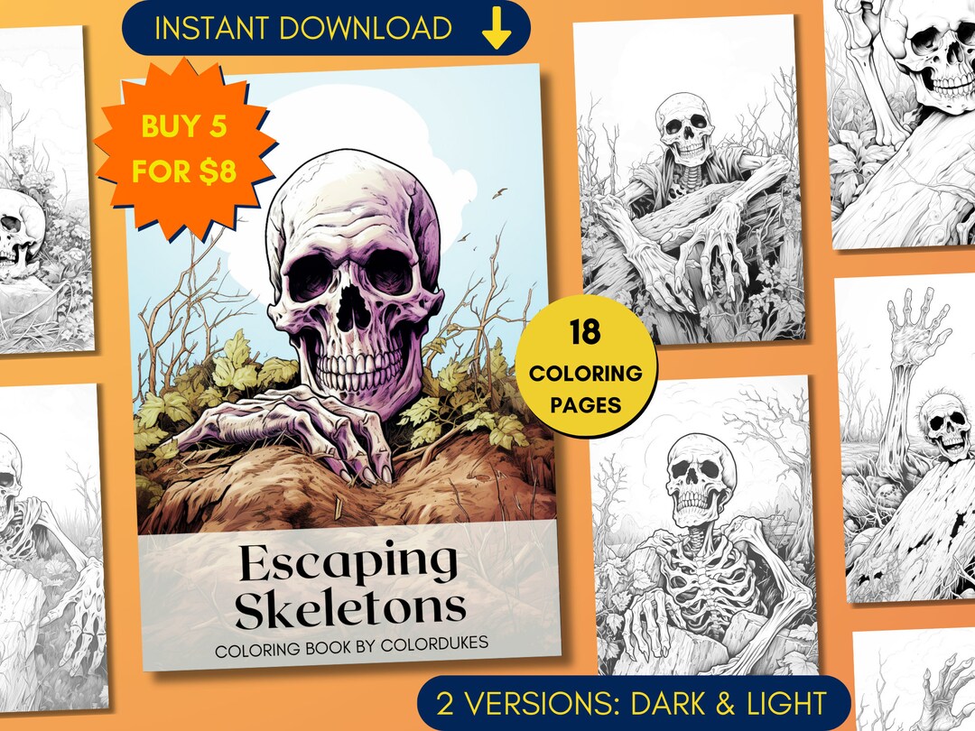 18 Skeletons Coloring Pages in Grayscale, Halloween Coloring Book for ...