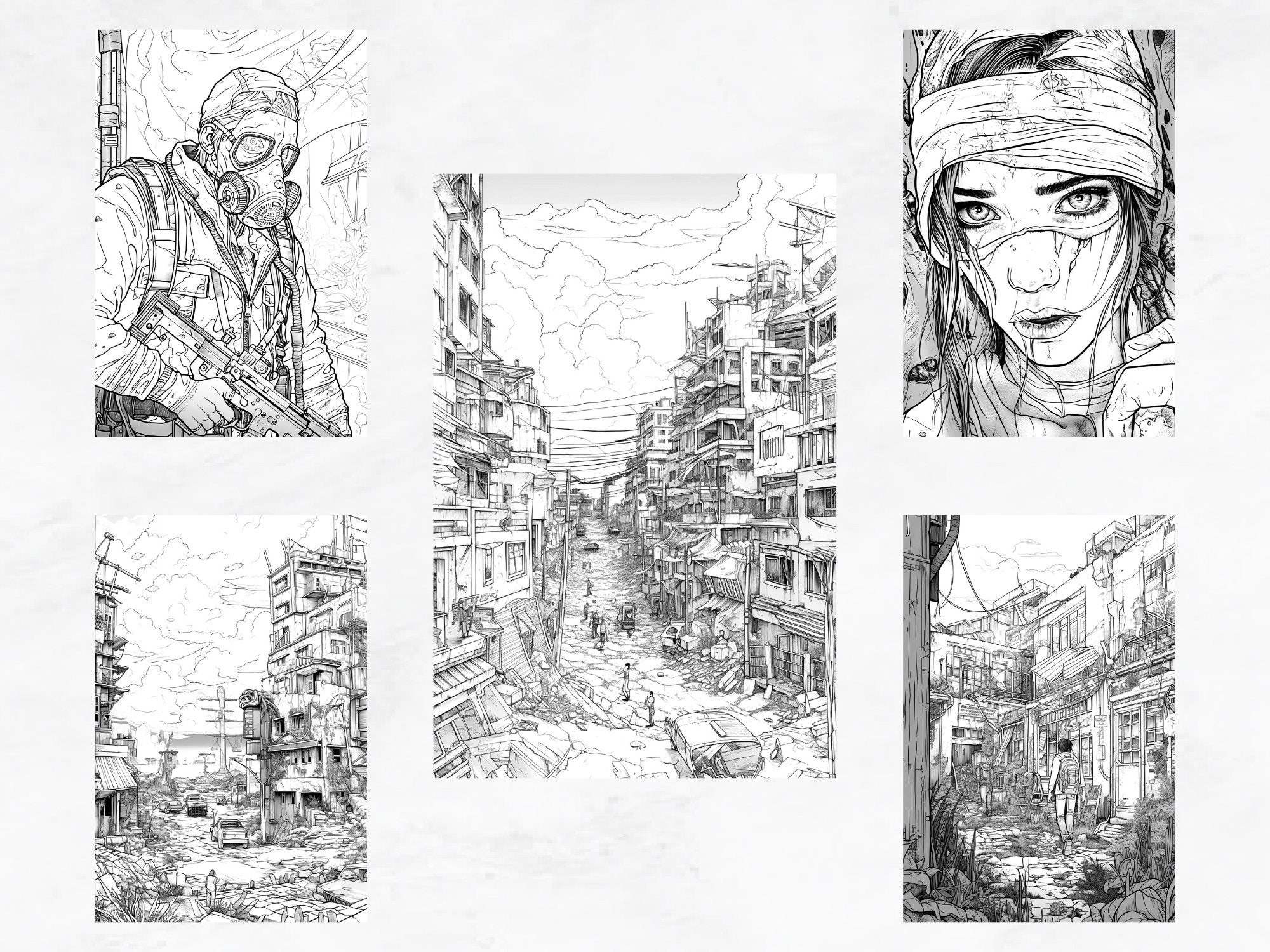 25 Coloring Pages, Post-apocalyptic, Adult Coloring Book Grayscale ...