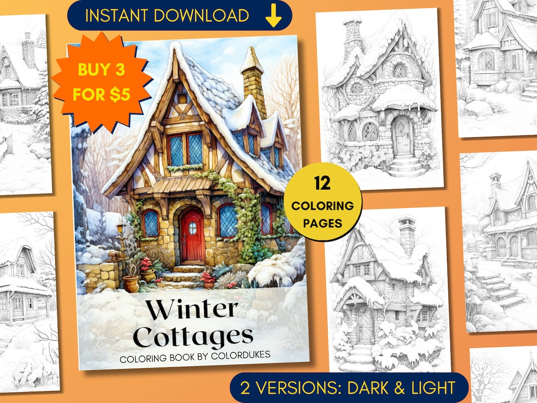 Christmas Coloring Pages, Winter Cottages Grayscale Coloring Book for ...