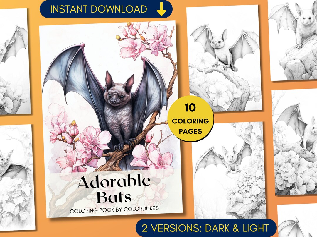 10 Bat Coloring Pages in Grayscale Halloween Coloring Book - Etsy