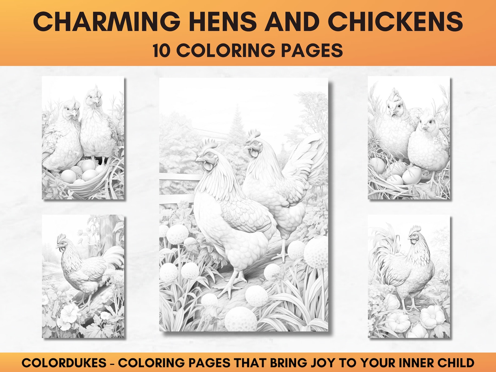 10 Chickens Coloring Pages for Adults, Farmhouse Coloring Book in ...