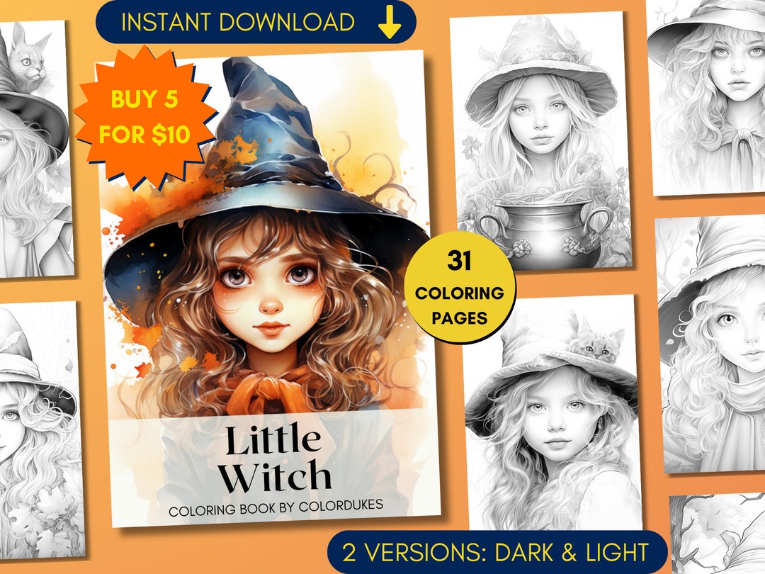 31 Little Witch Coloring Pages in Grayscale, Realistic Coloring Book ...
