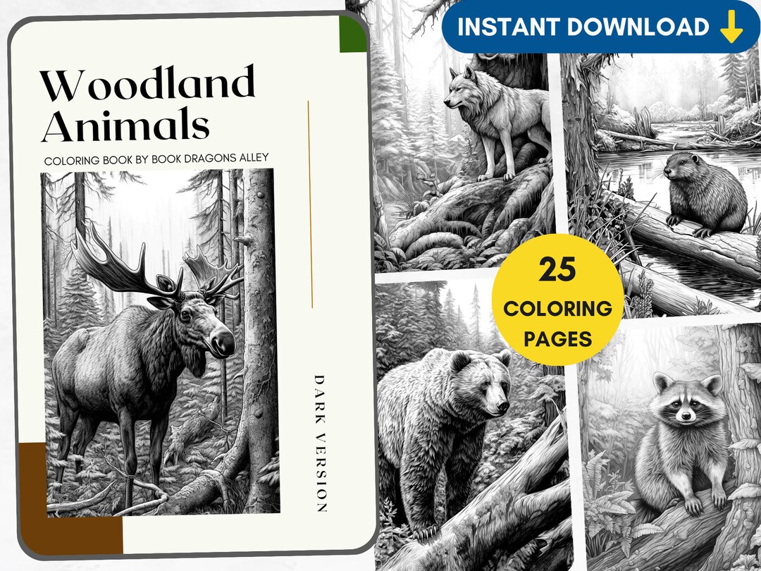 25 Coloring Pages Woodland Animals Coloring Book Grayscale - Etsy