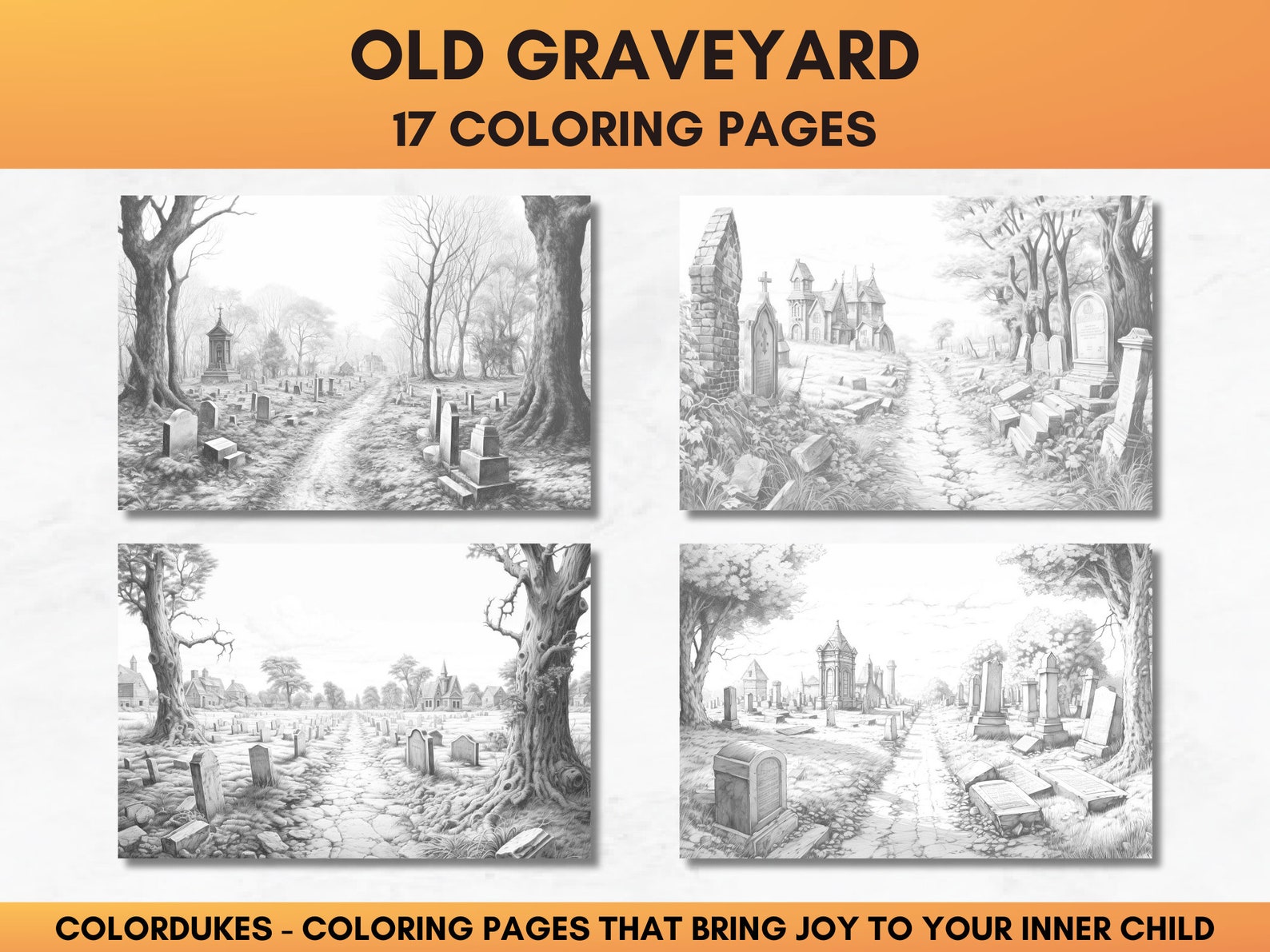 17 Old Graveyard Coloring Pages in Grayscale, Halloween Coloring Book ...