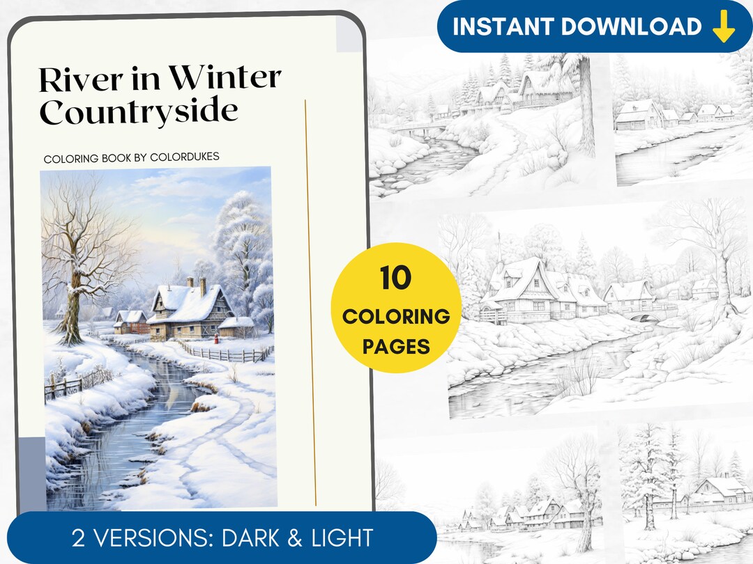 10 Coloring Pages Winter Countryside Grayscale Coloring Book for Adults ...