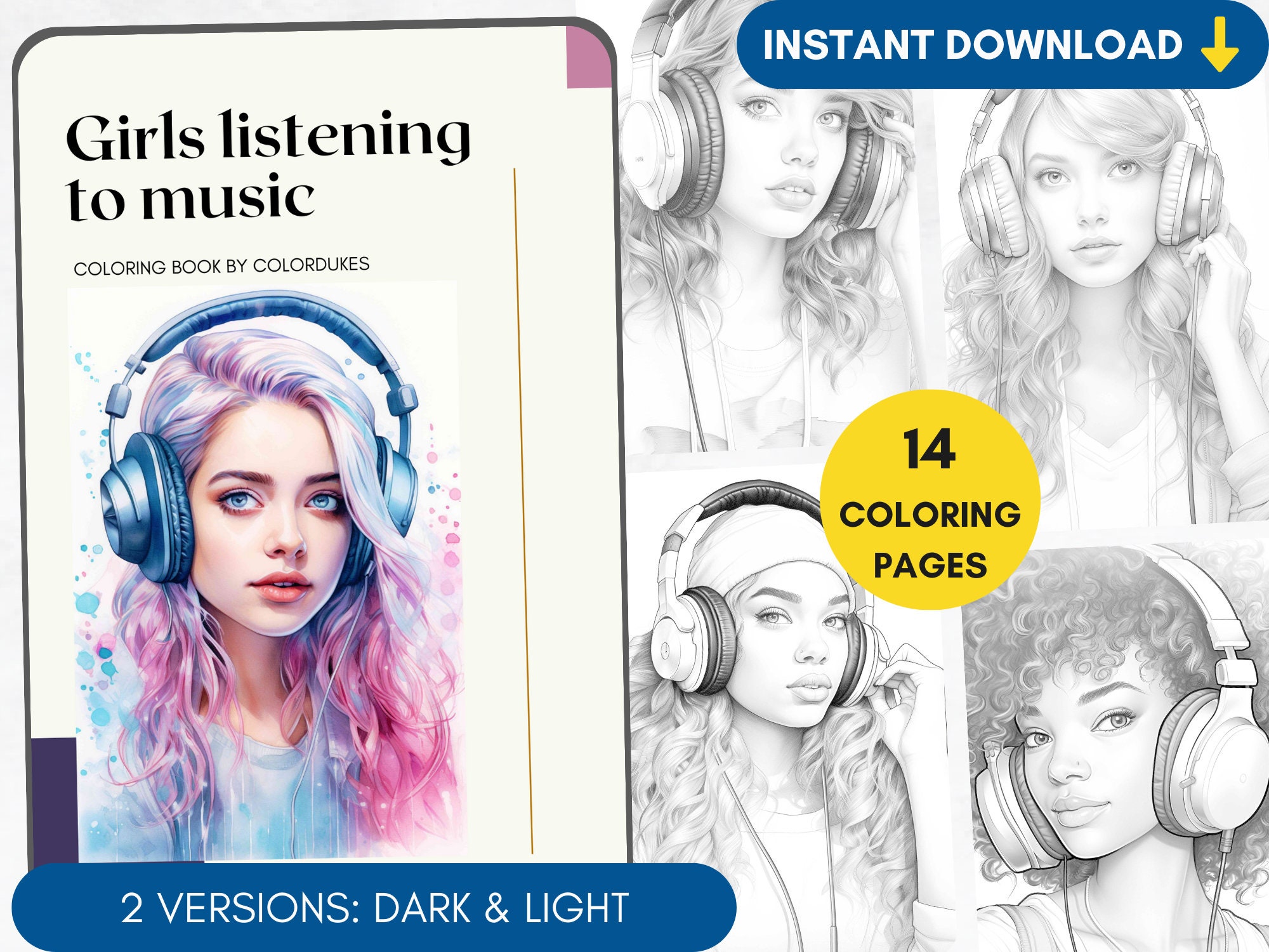 14 Coloring Pages Girls and Headphones Grayscale Coloring Book - Etsy