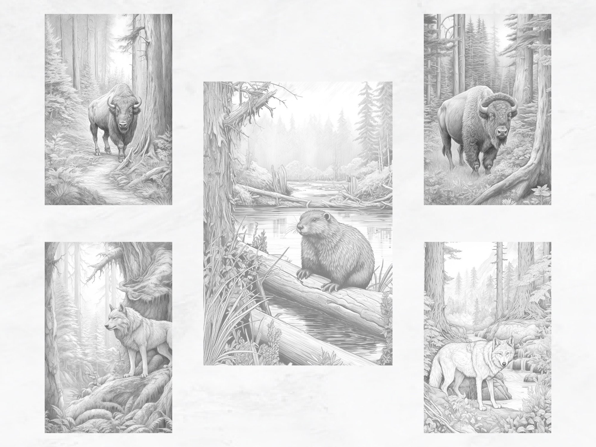 25 Coloring Pages, Woodland Animals Coloring Book, Grayscale Coloring ...