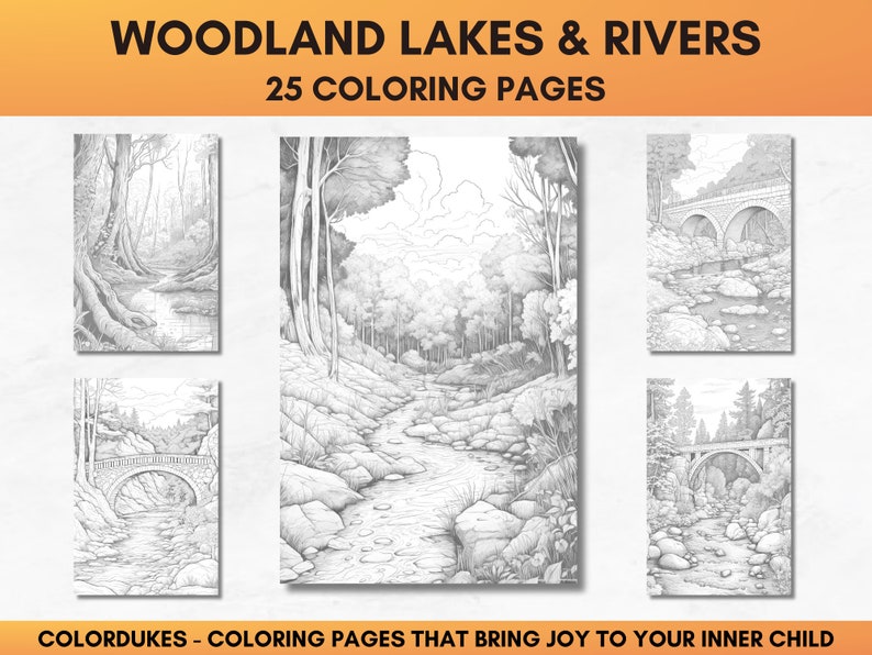 25 Adult Coloring Pages, Woodland Lakes and Rivers Coloring Book ...