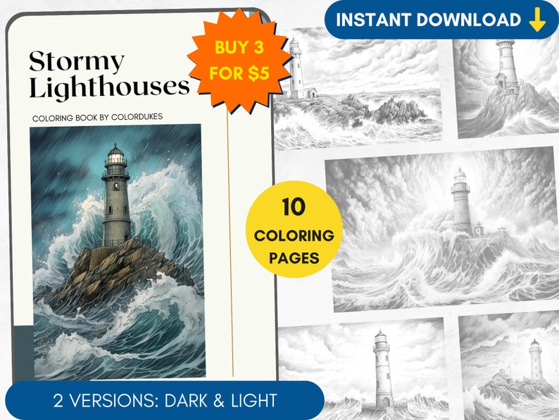 10 Coloring Pages, Stormy Lighthouses Grayscale Adult Coloring Book ...