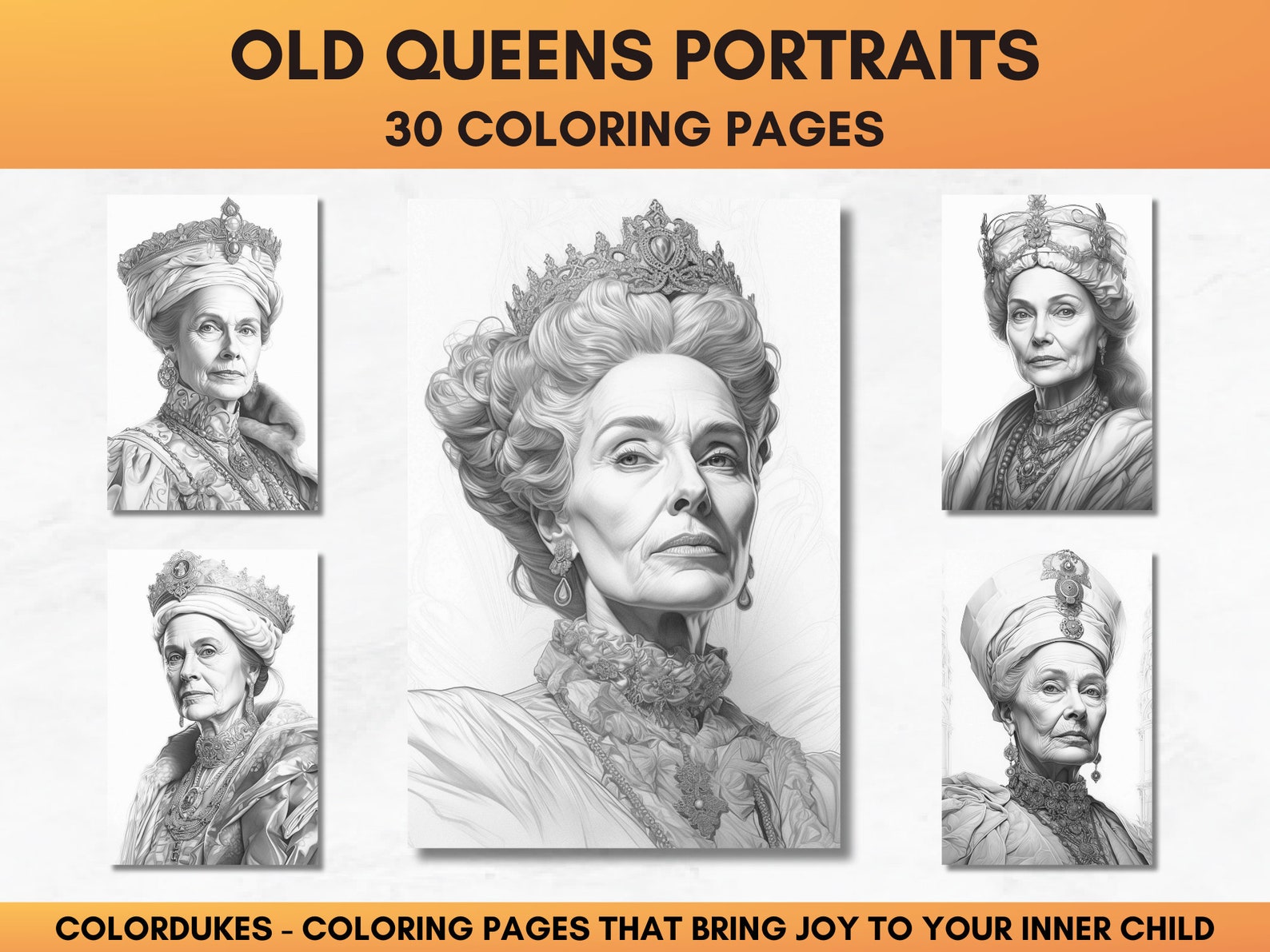 Adult Coloring Pages of Old Queens, Grayscale Coloring Book, Portrait ...