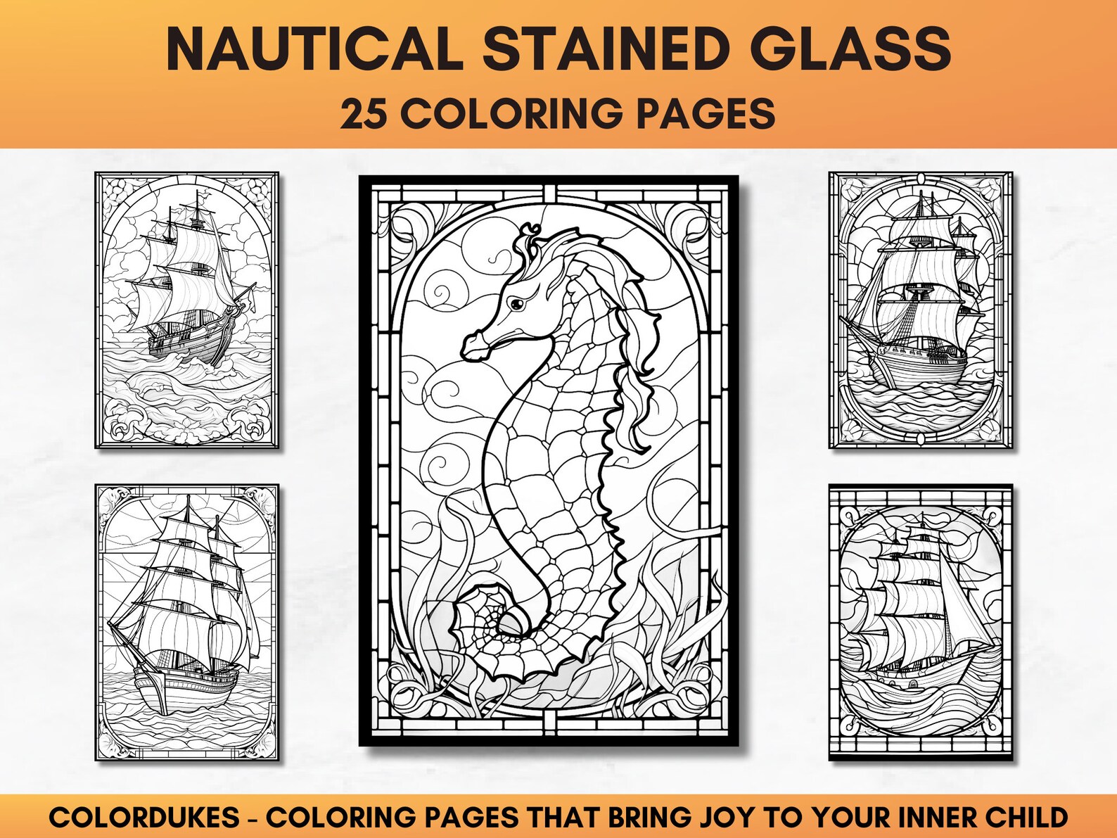 25 Nautical Coloring Pages Stained Glass, Ocean and Sea Coloring Book ...