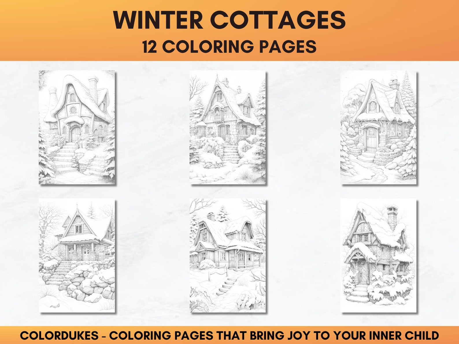 Christmas Coloring Pages, Winter Cottages Grayscale Coloring Book for ...