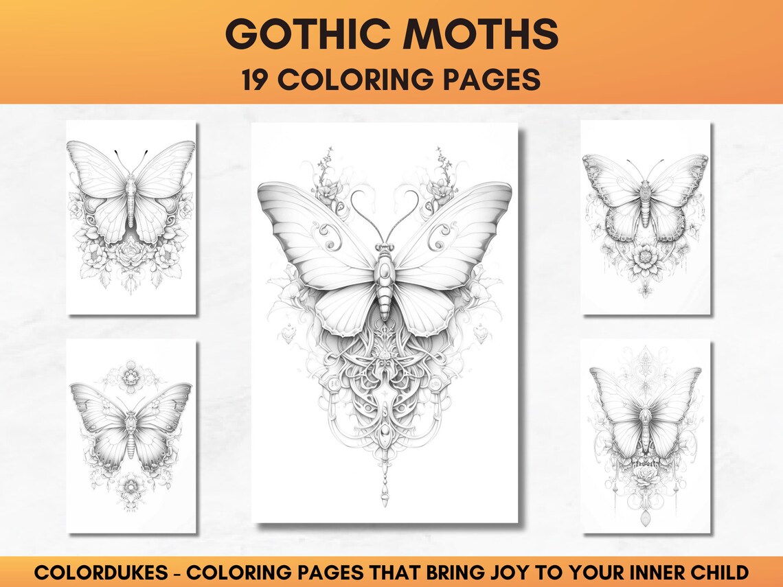 19 Gothic Moths Coloring Pages Grayscale, Halloween Coloring Book for ...