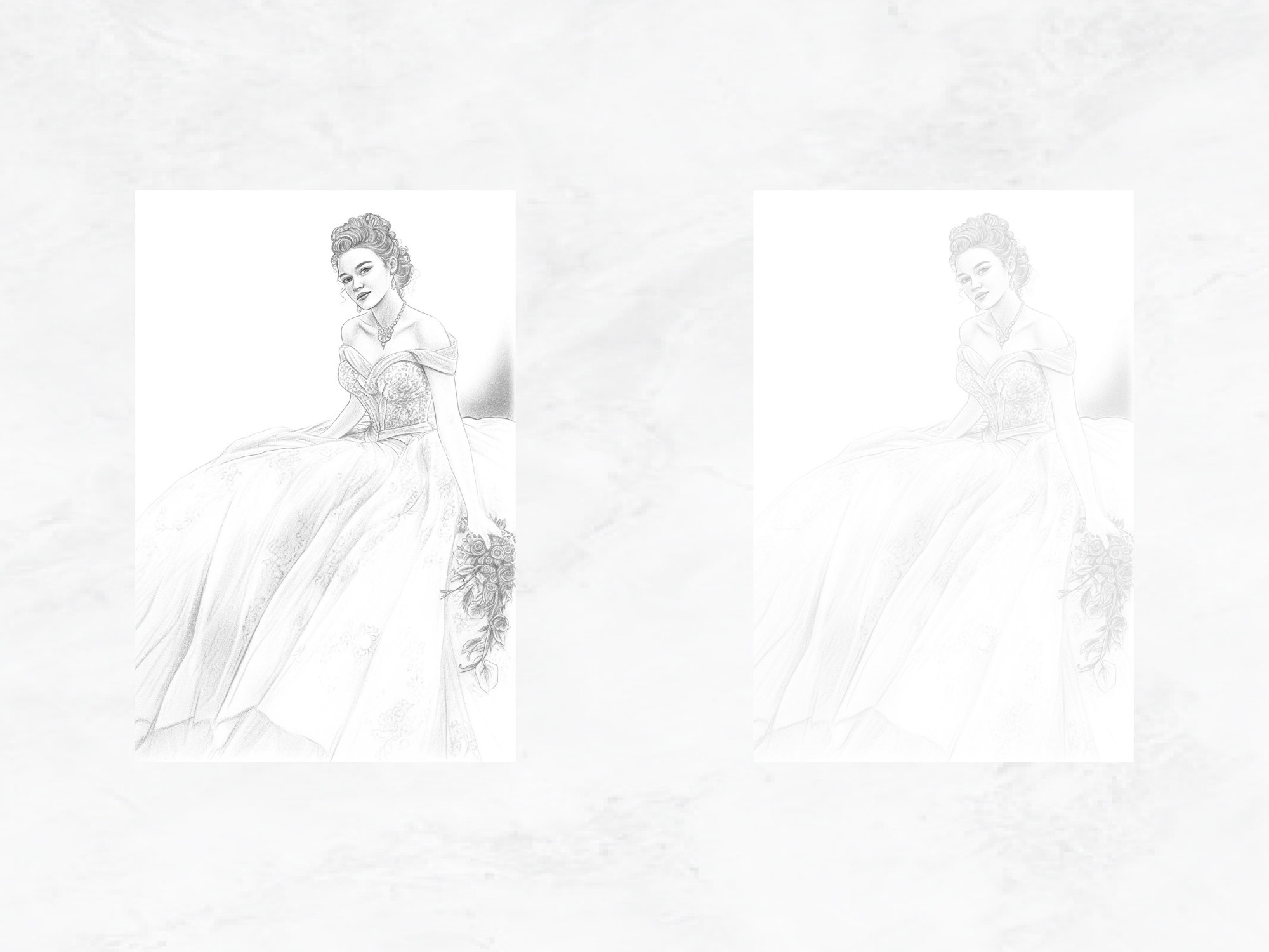 4 Coloring Pages, Wedding Dress Grayscale Adult Coloring Book Princess ...