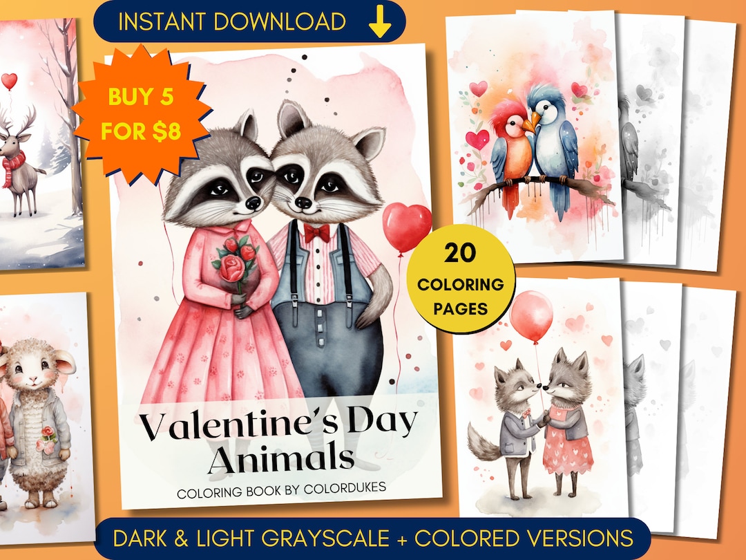 Valentines Animals Coloring Pages, Cute Grayscale Adult Coloring Book ...