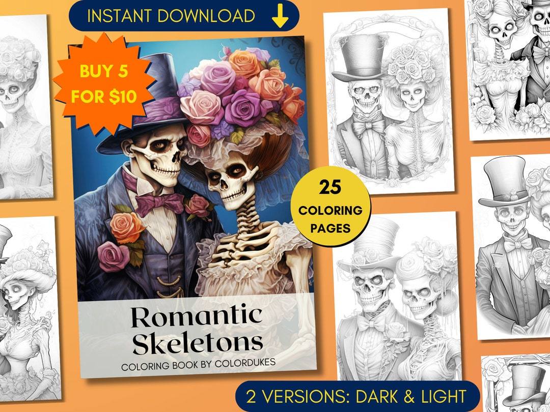 25 Romantic Skeletons Coloring Pages for Adults, Halloween Coloring ...