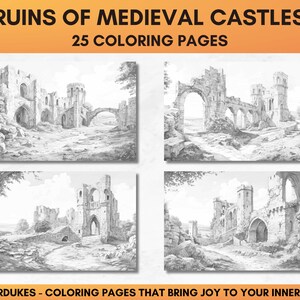 25 Adult Coloring Pages, Medieval Castles Coloring Book in Grayscale ...