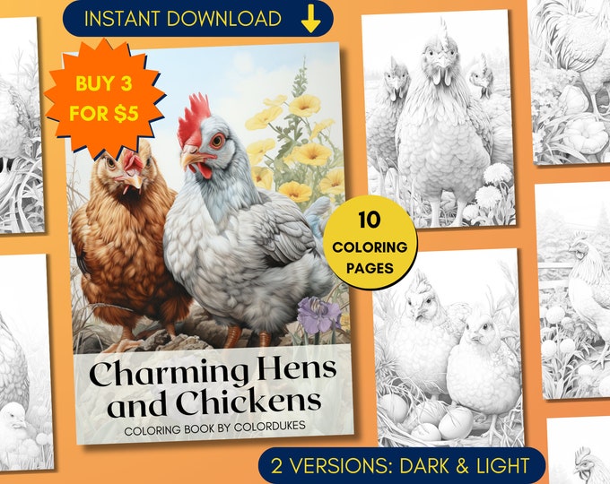 Grayscale Farmhouse Chickens Adult Coloring Page, Printable Country ...