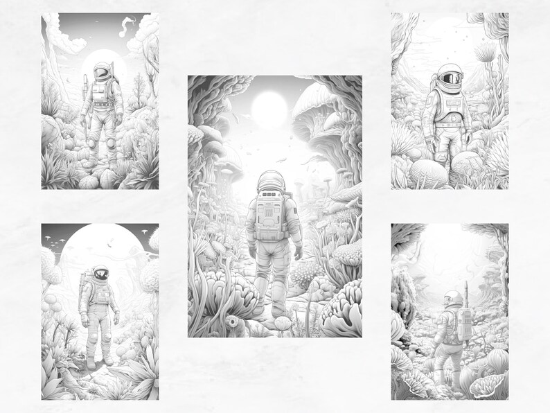 21 Coloring Pages Astronaut on Alien Planet Grayscale Coloring Book for ...