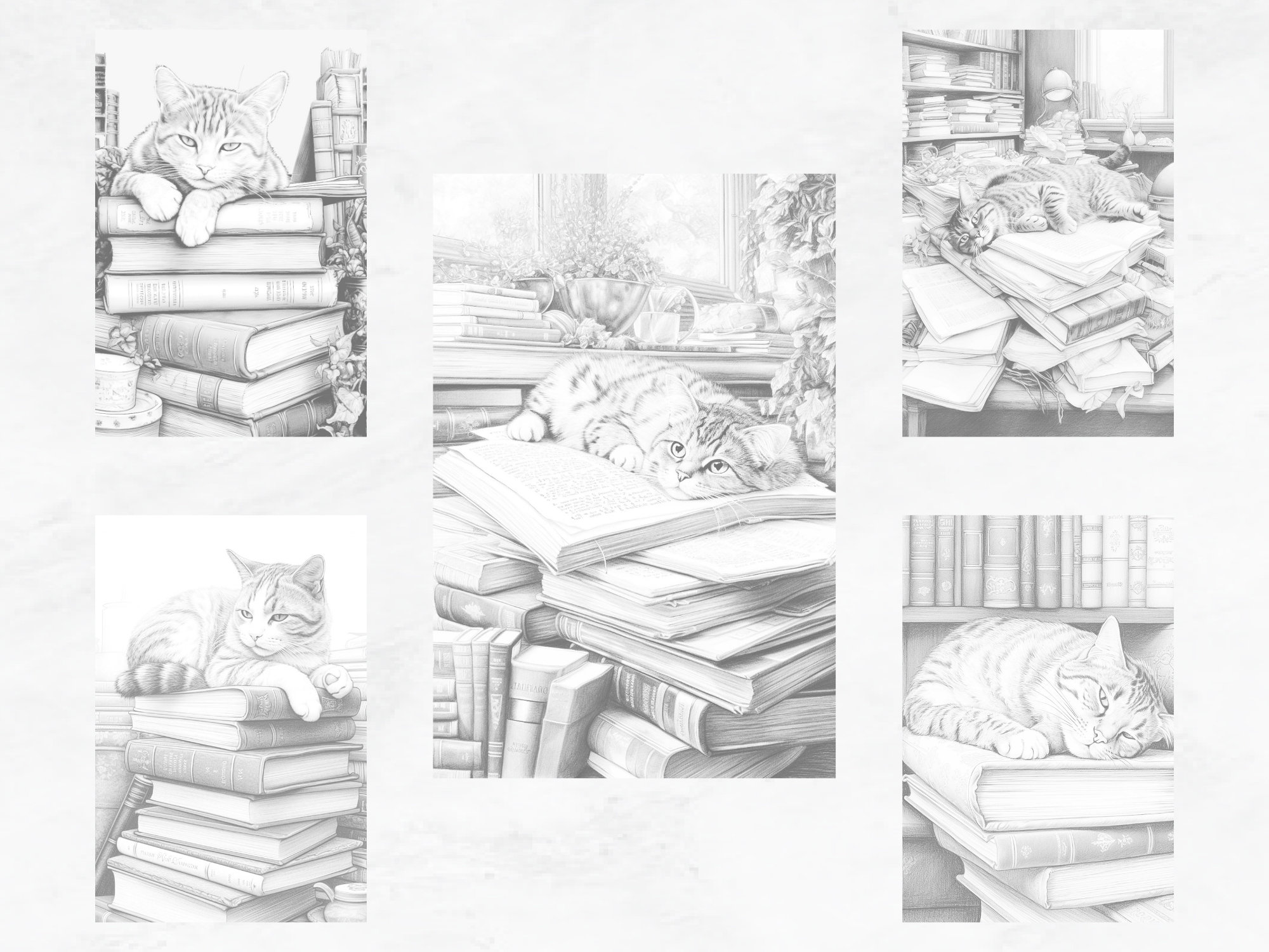 15 Coloring Pages, Cats in Libraries Coloring Book, Grayscale Coloring ...