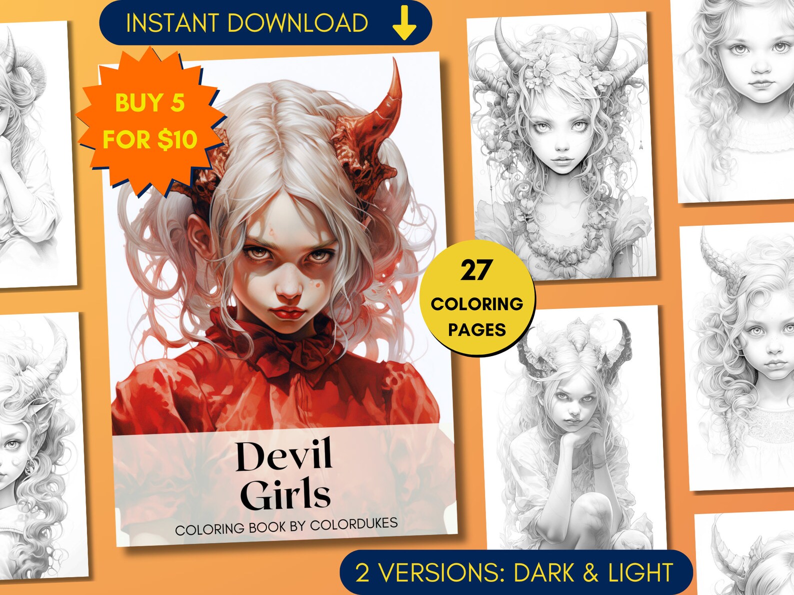 27 Devil Girls Coloring Pages for Adults, Realistic Halloween Coloring ...