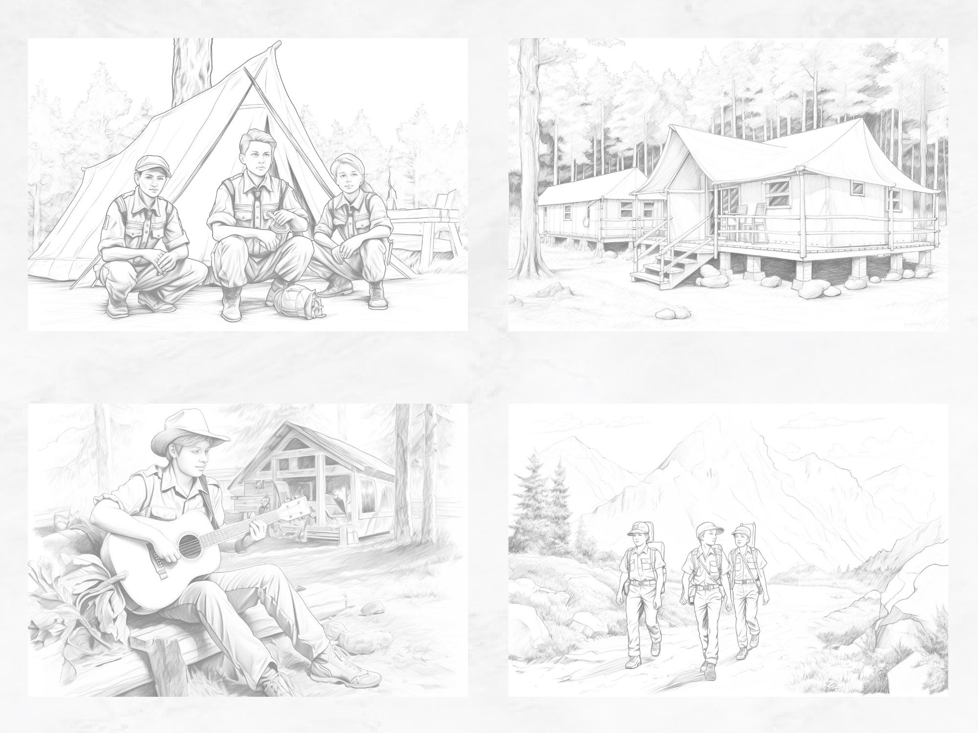 20 Coloring Pages, Scouts Camp Coloring Book Summer Grayscale Coloring ...