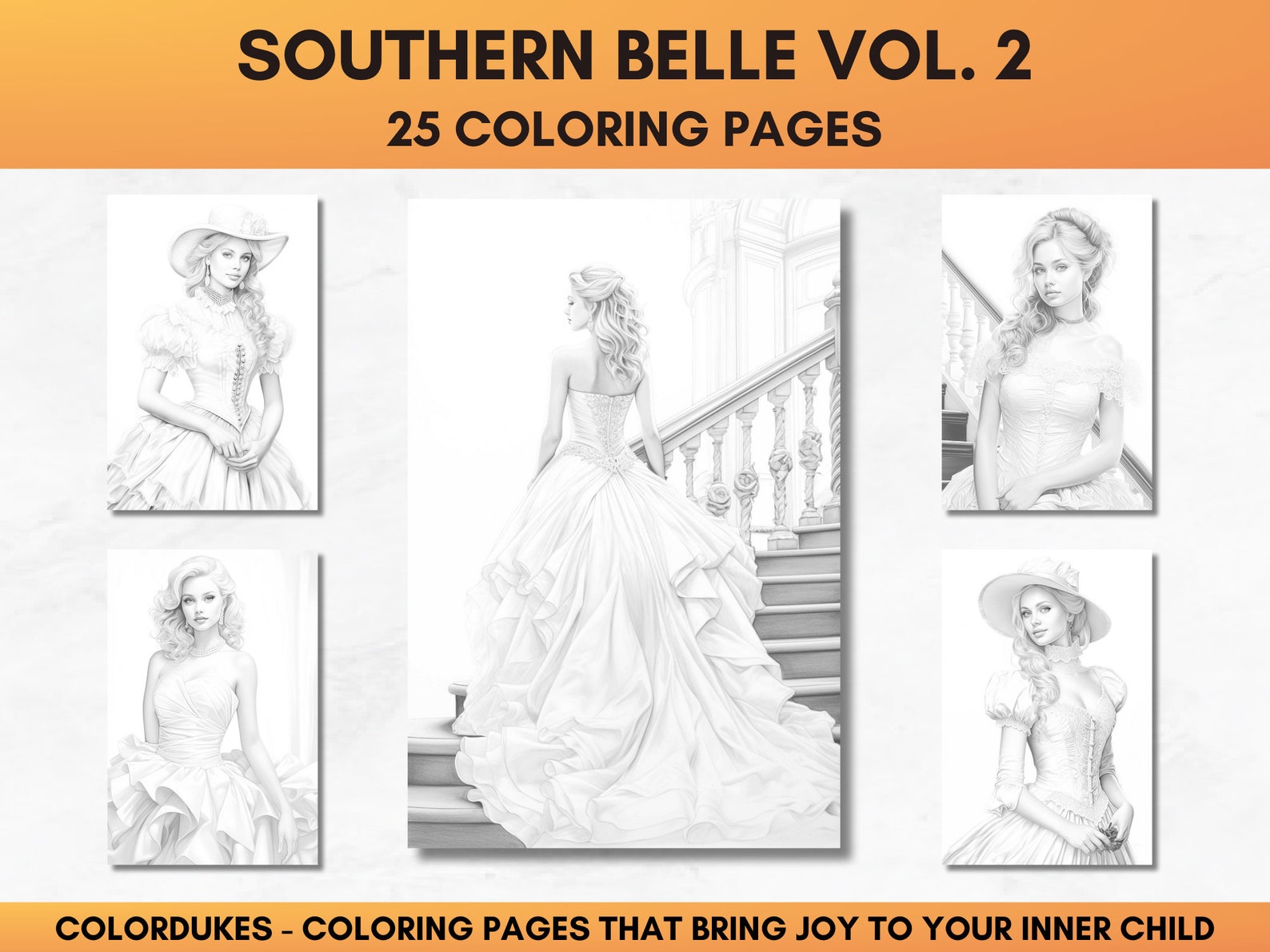 25 Adult Coloring Pages of Southern Belle, Princess Dress Coloring Book ...