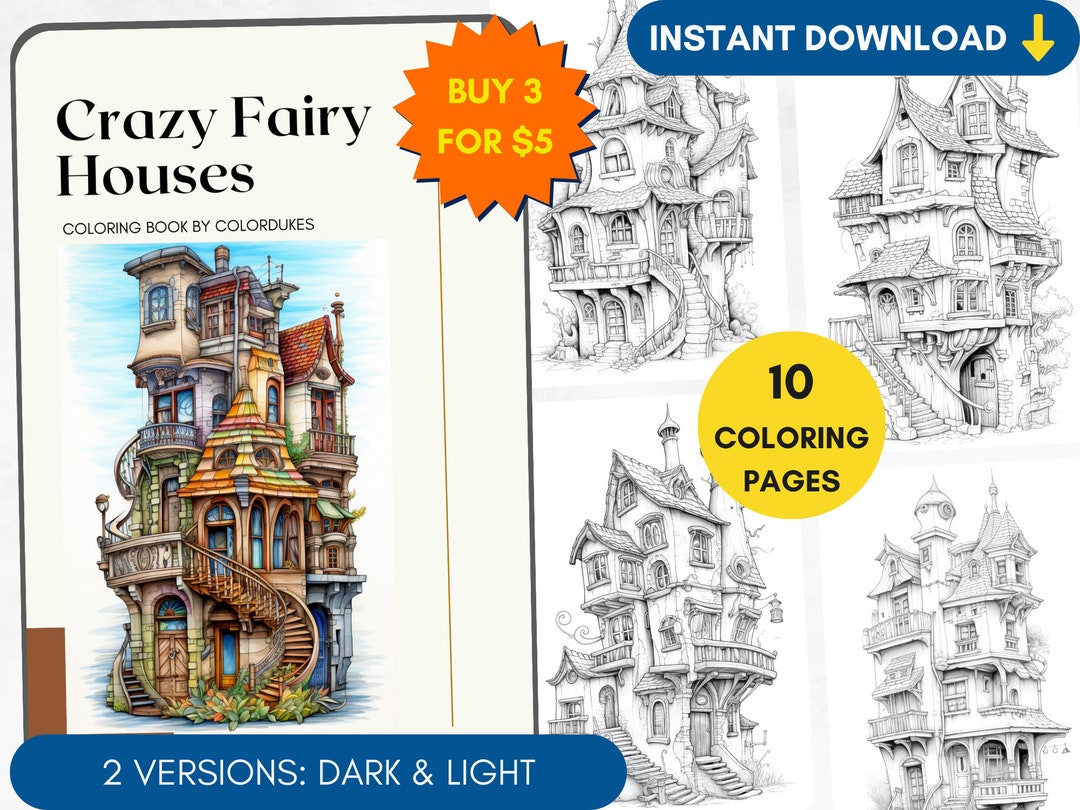 10 Coloring Pages Fairy Crazy Houses Coloring Book for Adults, Fantasy ...