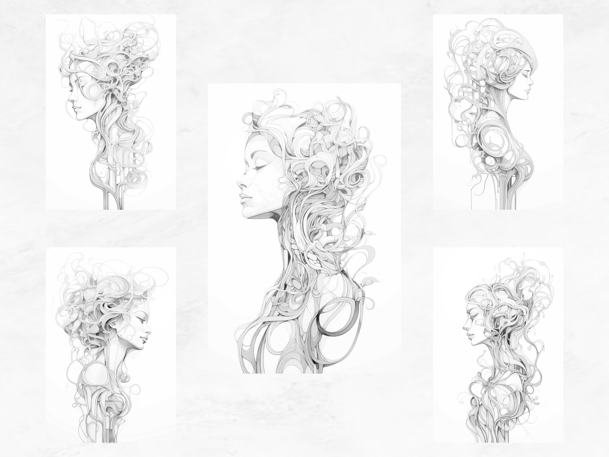 25 Abstract Coloring Pages Woman Portraits Grayscale Adult Coloring ...