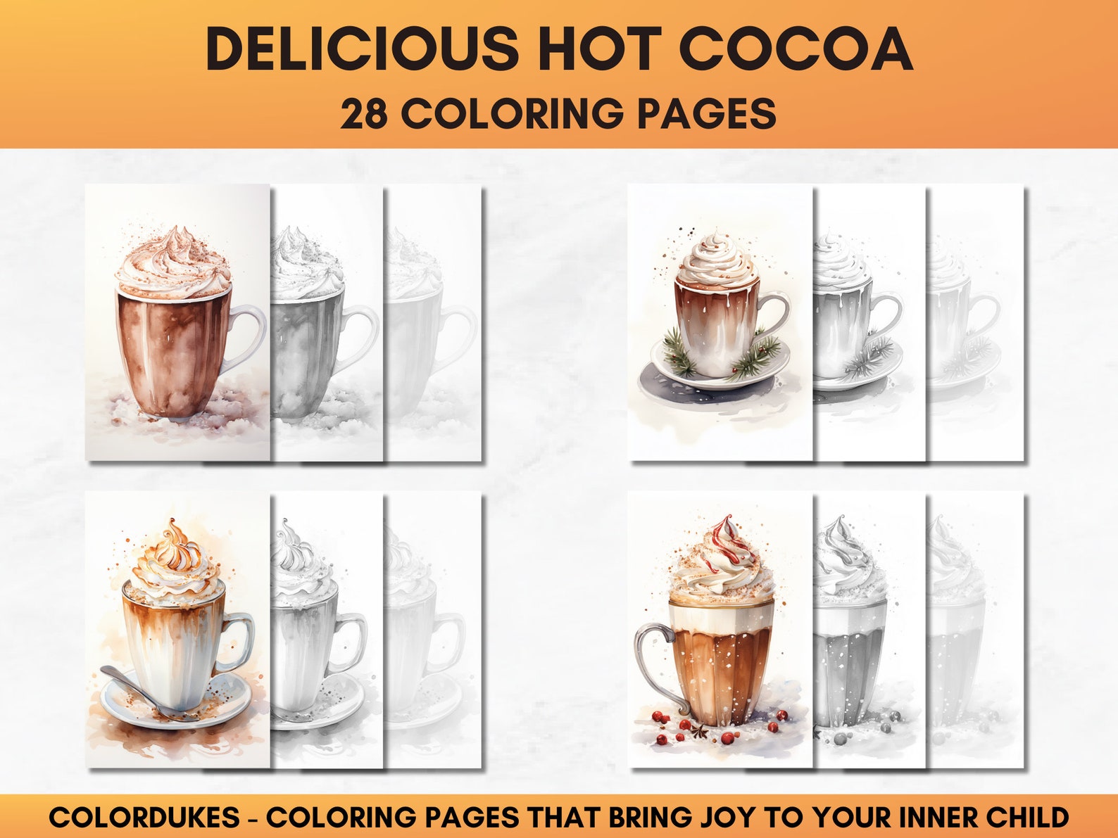 Hot Cocoa Coloring Pages, Watercolor Coloring Book in Grayscale, Winter ...