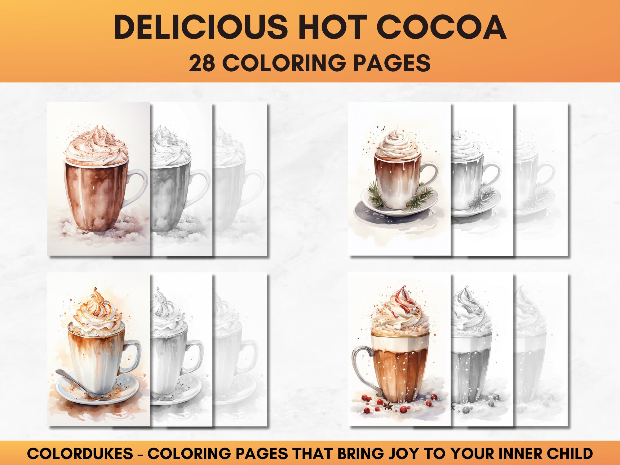 Hot Cocoa Coloring Pages Watercolor Coloring Book in - Etsy