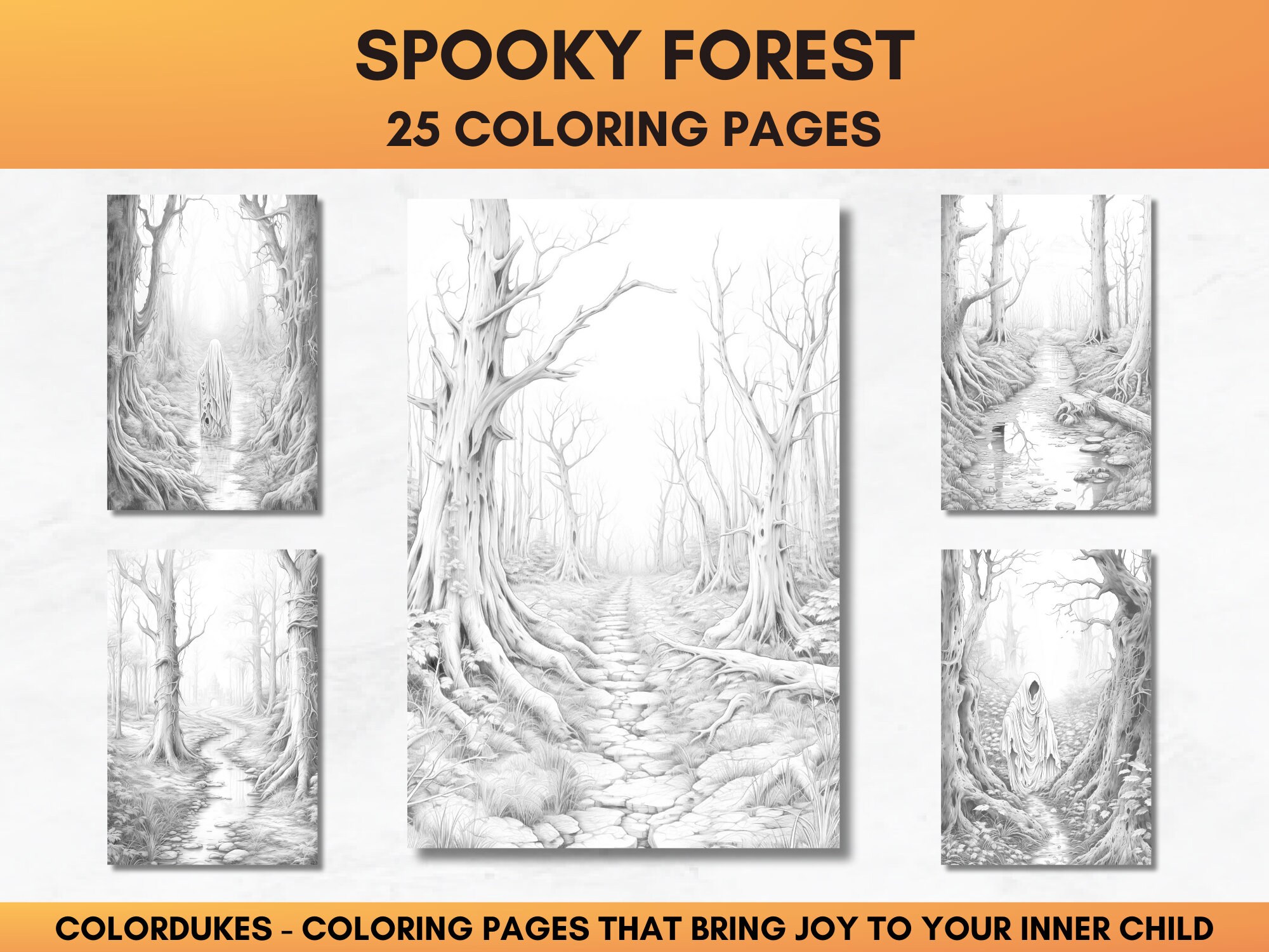 25 Spooky Forest Coloring Pages in Grayscale, Halloween Coloring Book ...