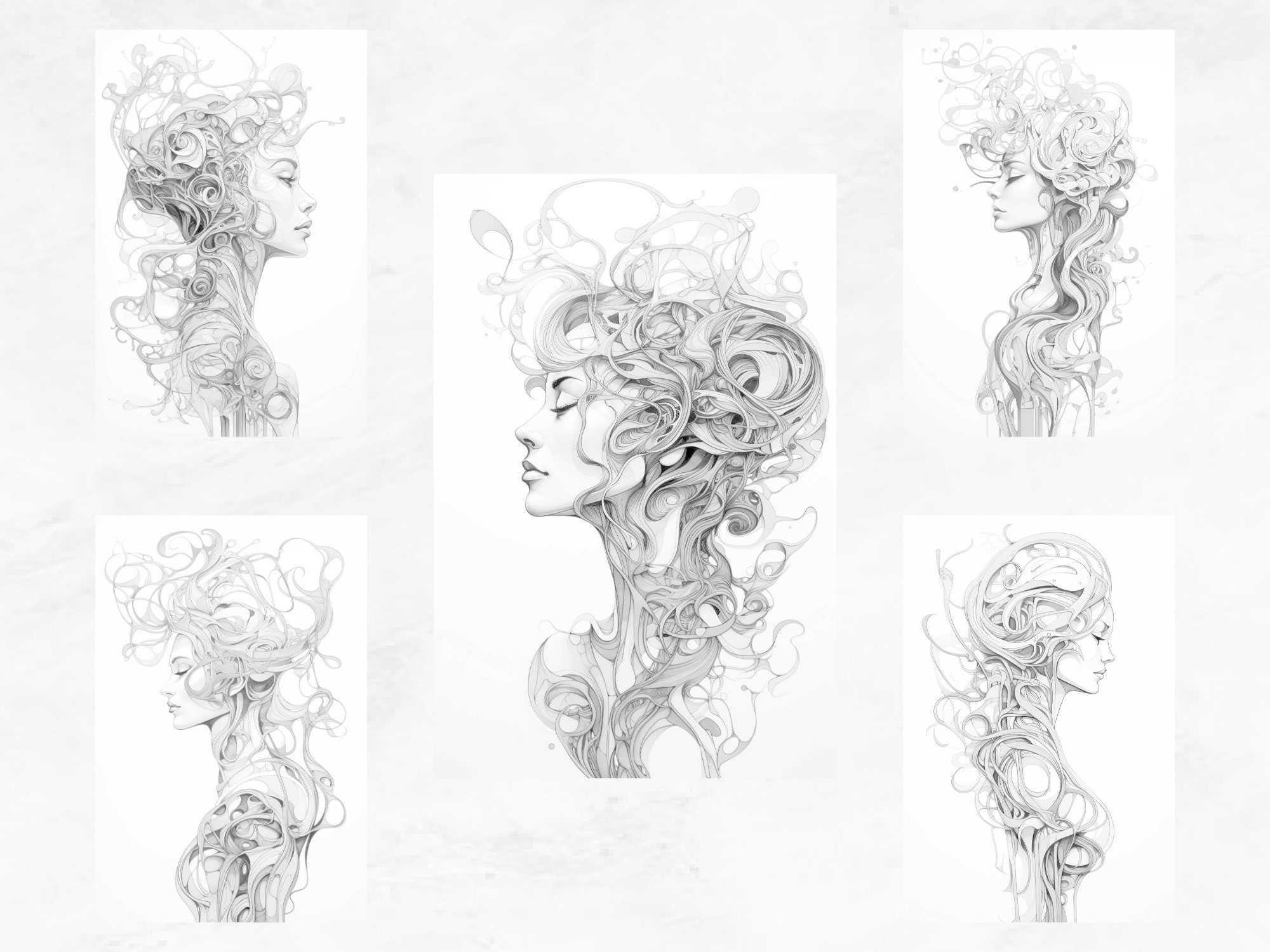 25 Abstract Coloring Pages Woman Portraits Grayscale Adult Coloring ...
