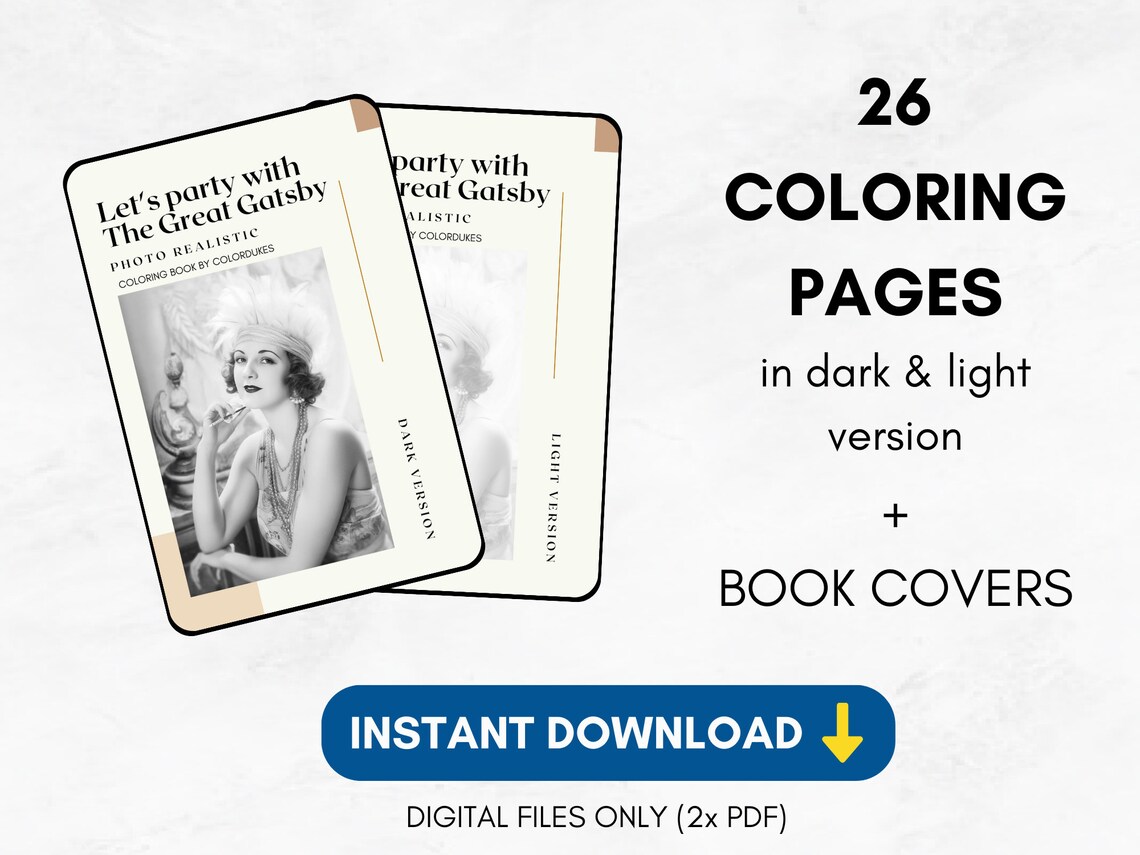 26 Coloring Pages, Party With the Great Gatsby Grayscale Adult Coloring ...