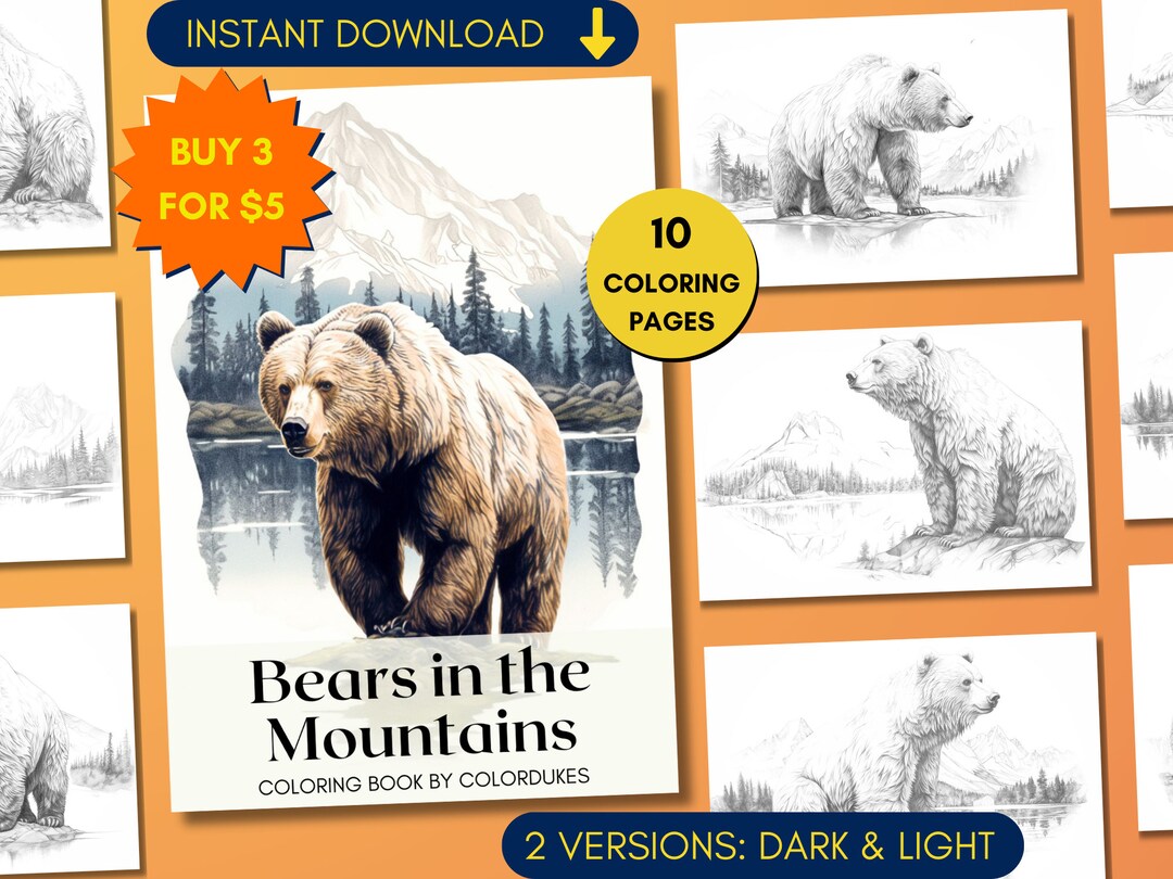 10 Bear Coloring Pages, Adult Coloring Book in Grayscale, Wilderness ...