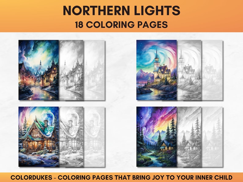 Northern Lights Coloring Pages, Aurora Borealis Grayscale Coloring Book ...