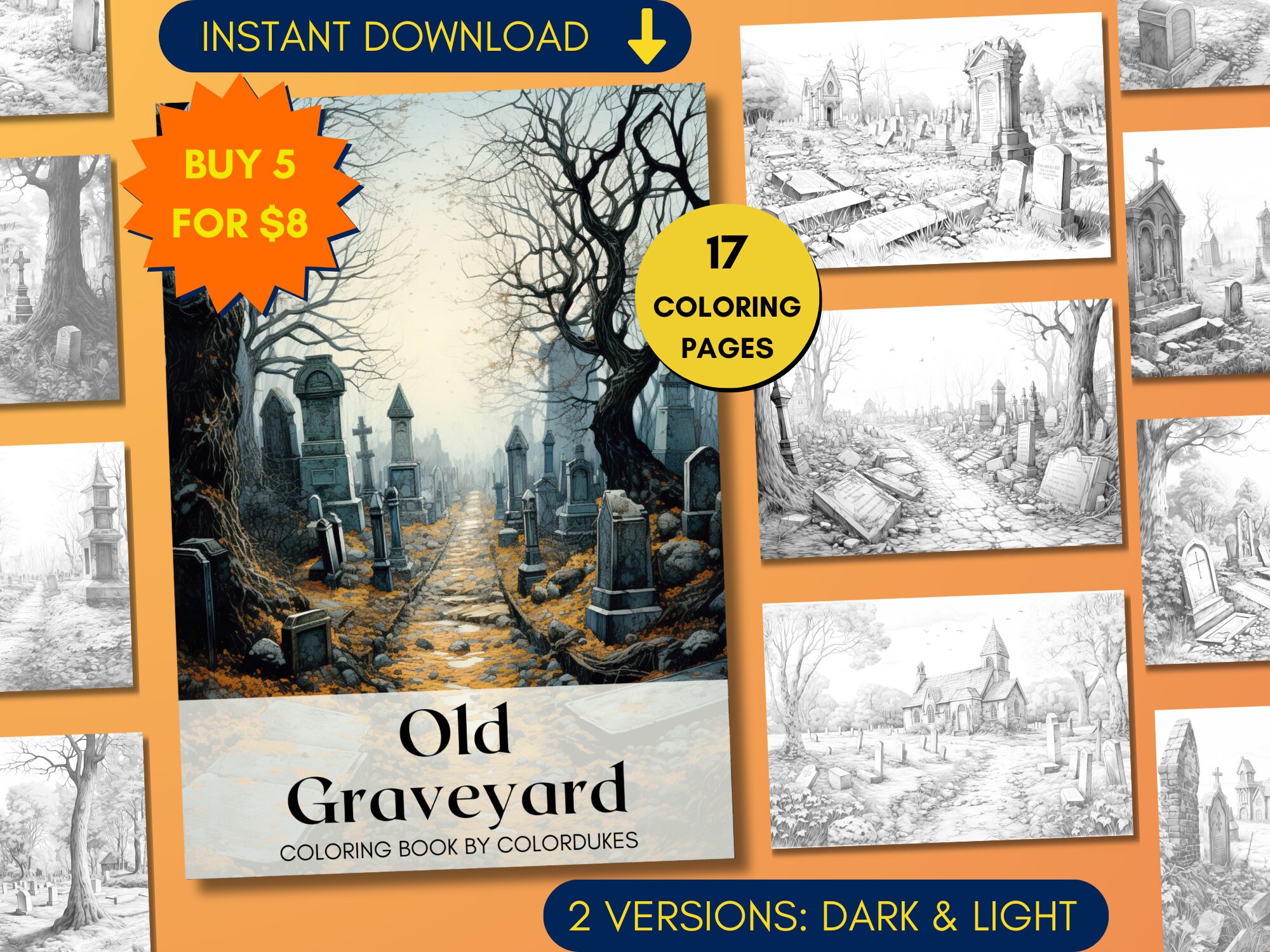 17 Old Graveyard Coloring Pages in Grayscale, Halloween Coloring Book ...