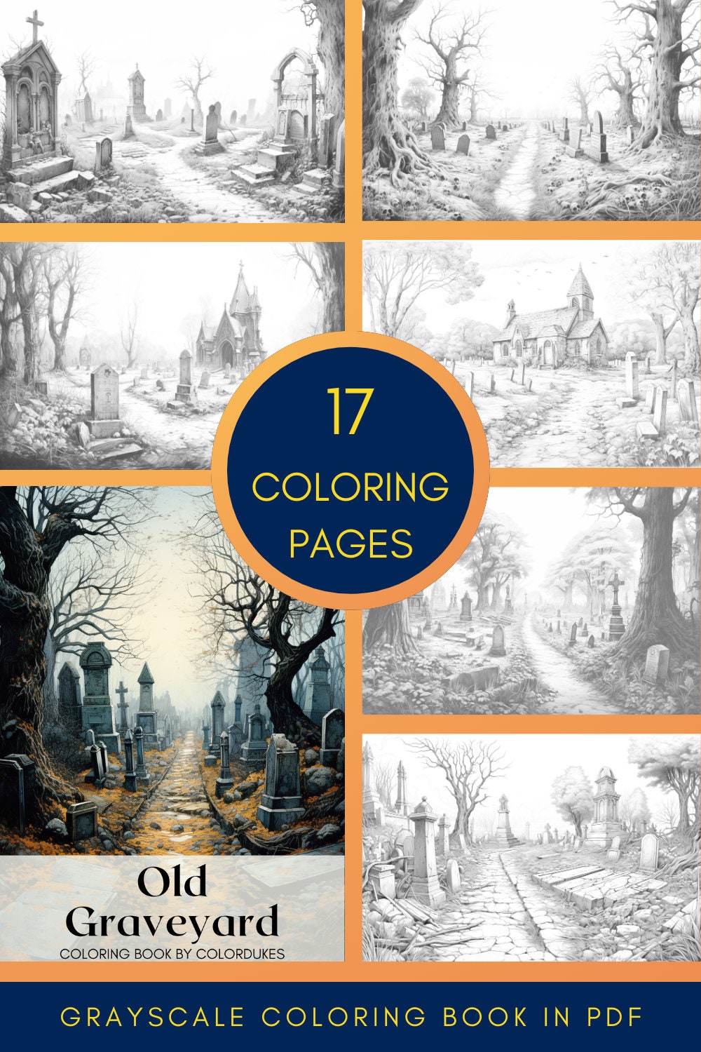 17 Old Graveyard Coloring Pages in Grayscale, Halloween Coloring Book ...