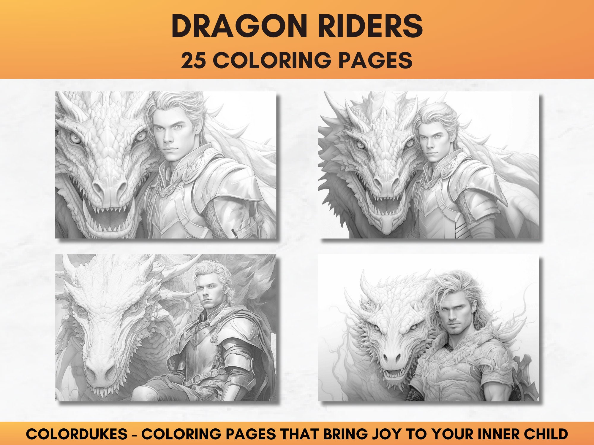 Dragon Riders Coloring Pages in Grayscale, Warrior Coloring Book for ...