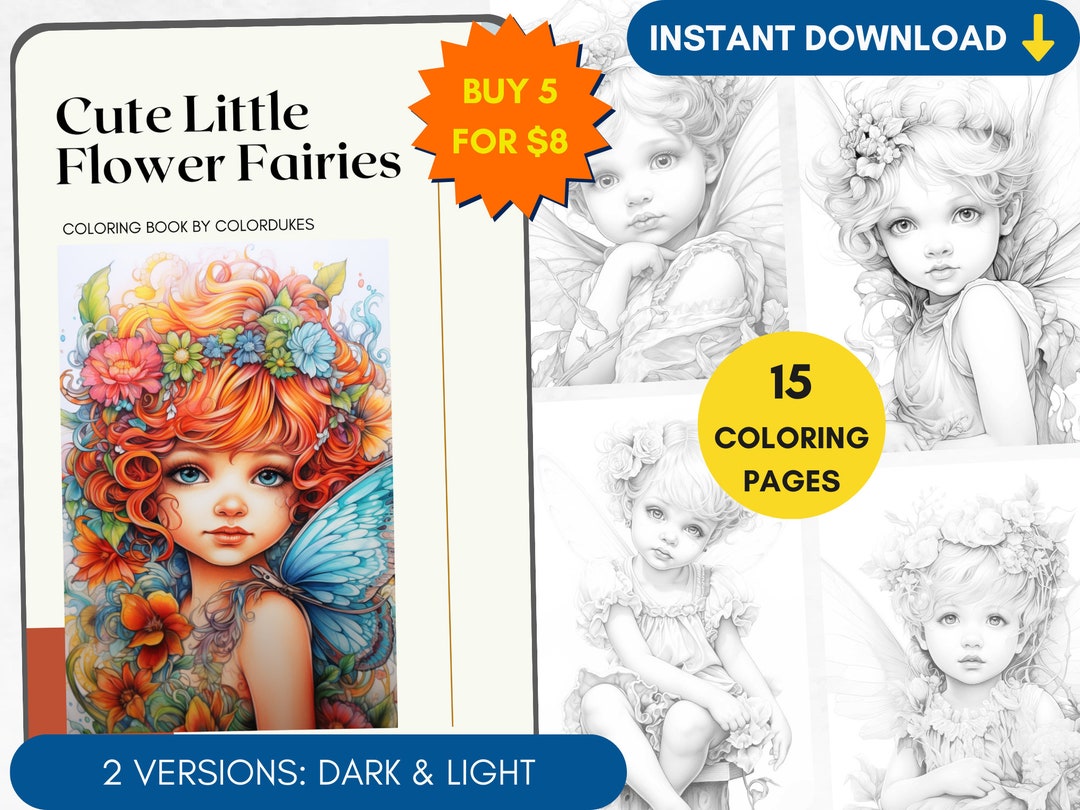 15 Coloring Pages Baby Fairies Grayscale Adult Coloring Book, Flower ...