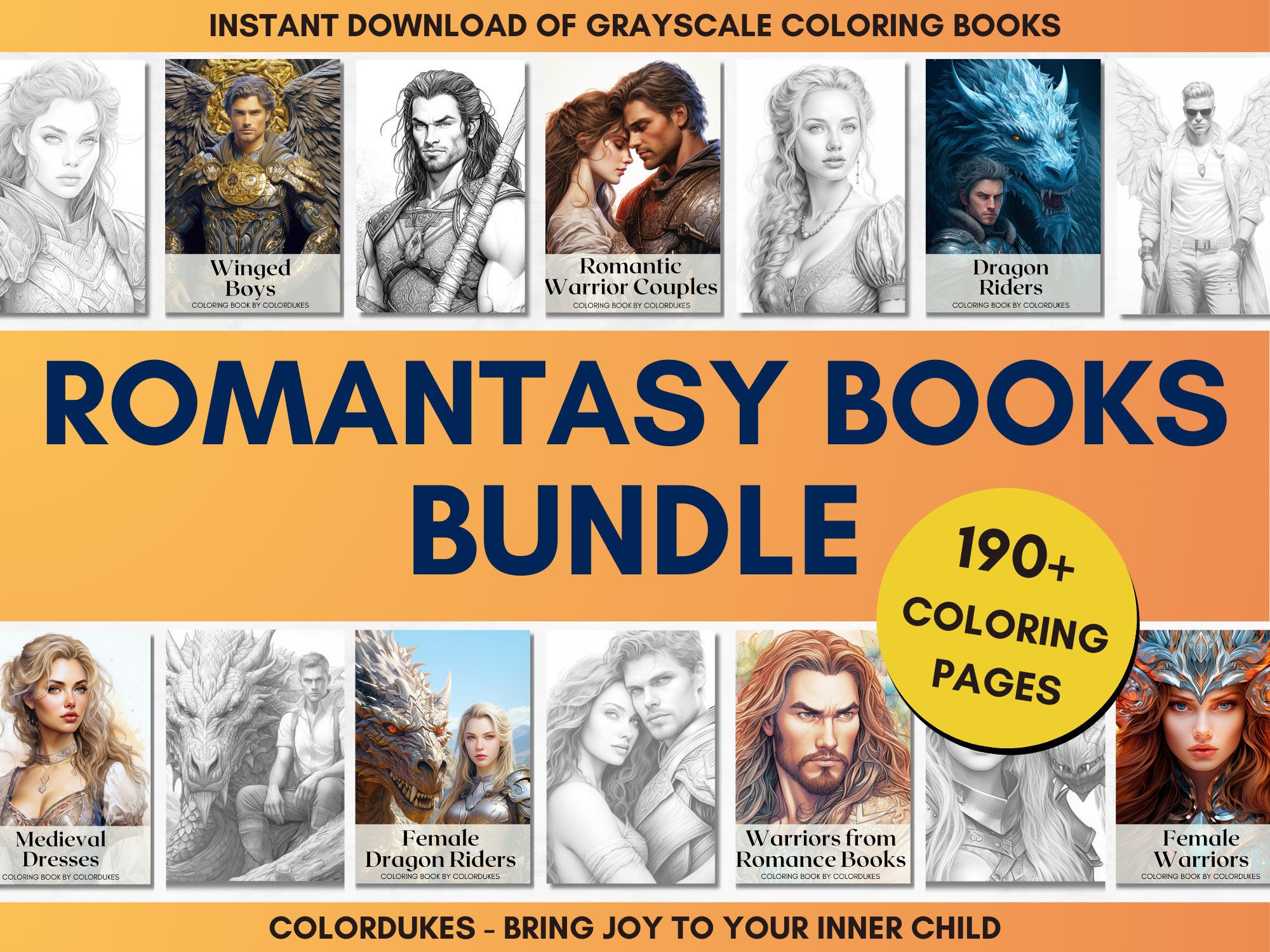 Romantasy Coloring Pages Bundle, Angels Warriors Dragons Coloring Book ...