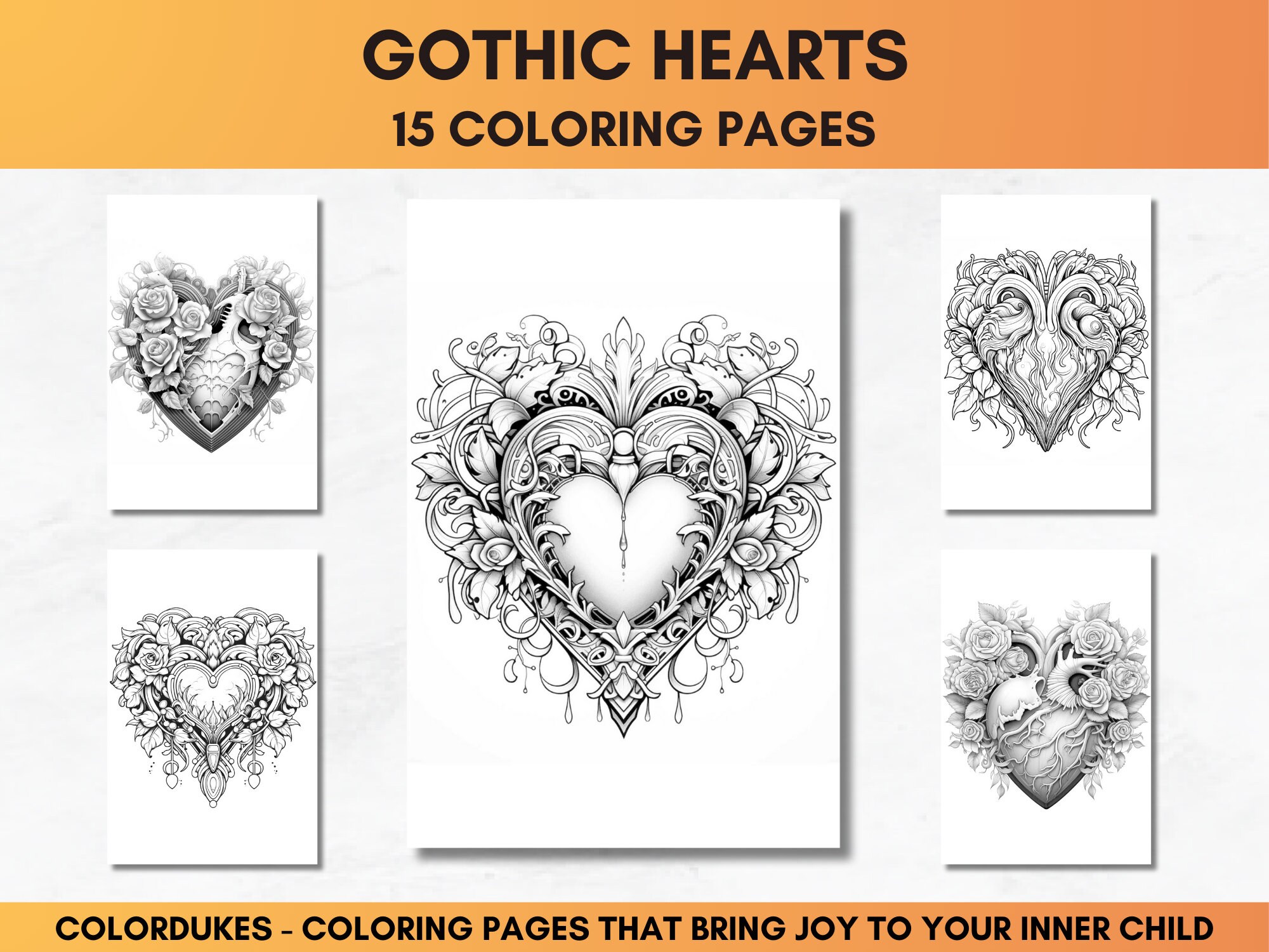 Gothic Hearts Coloring Pages, Valentines Day Adult Coloring Book, Love ...