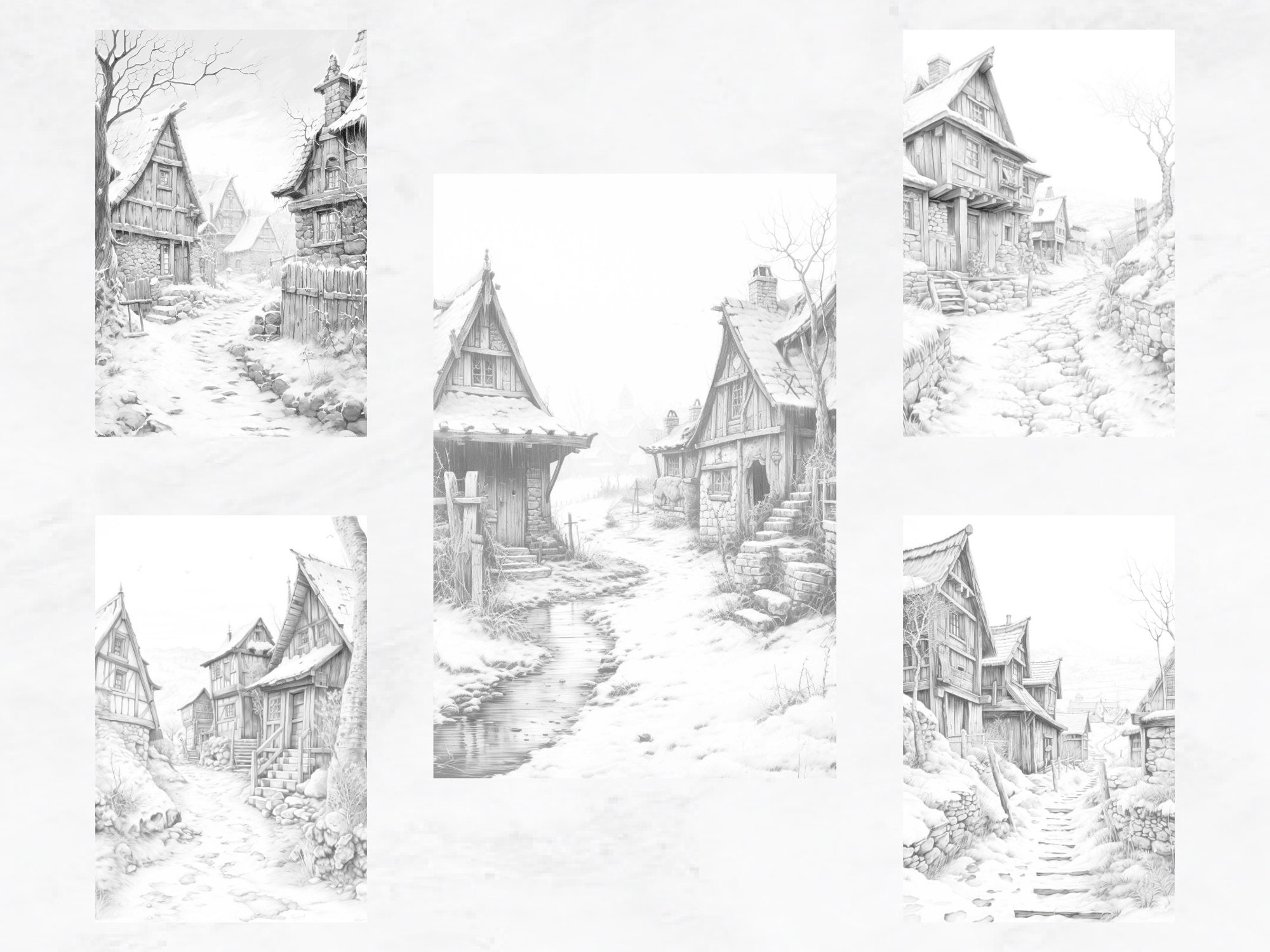 10 Coloring Pages Sad Snowy Village Coloring Book for Adults Grayscale ...
