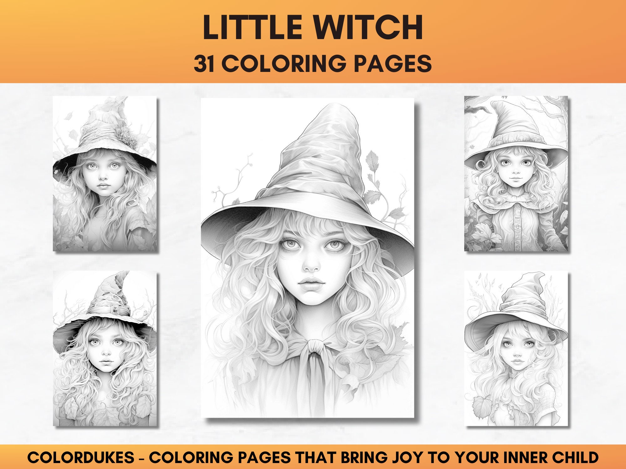 31 Little Witch Coloring Pages in Grayscale, Realistic Coloring Book ...
