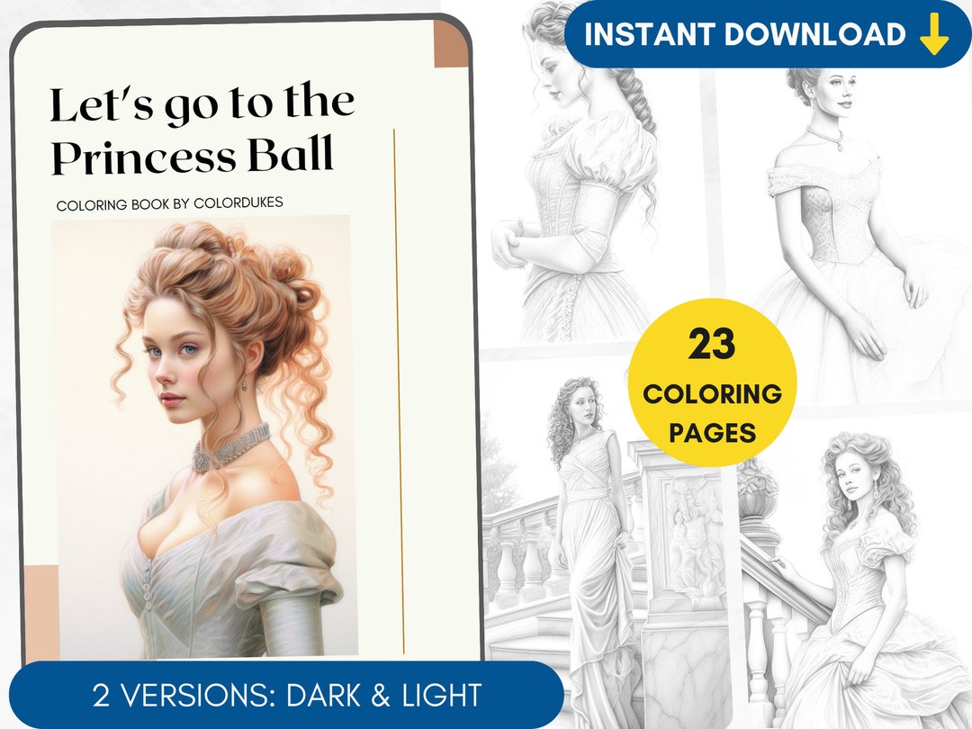 23 Coloring Pages, Princess Ball Grayscale Adult Coloring Book, Photo ...