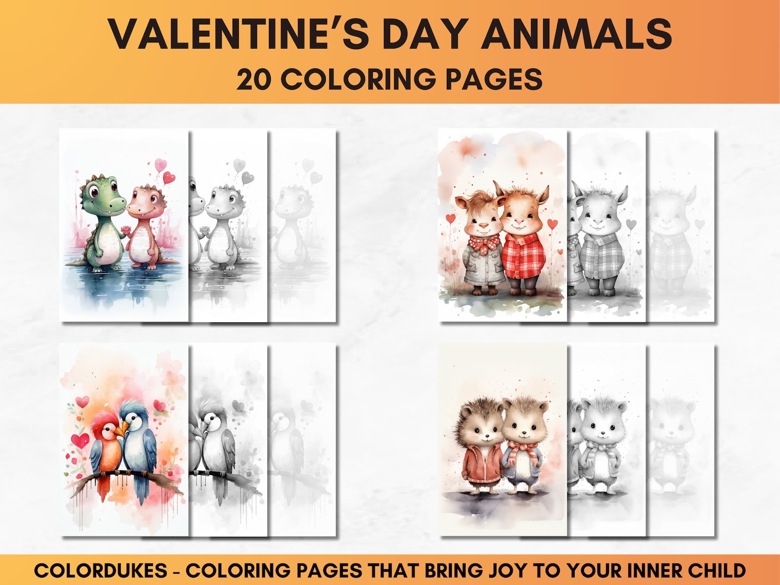 Valentines Animals Coloring Pages, Cute Grayscale Adult Coloring Book ...
