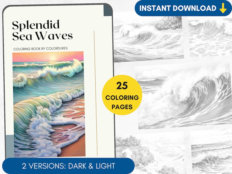 25 Coloring Pages, Sea Waves Grayscale Adult Coloring Book, Advanced ...