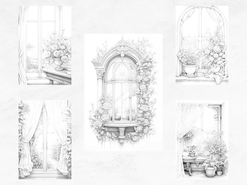 22 Romantic Windows Coloring Pages Floral Windows Grayscale - Etsy