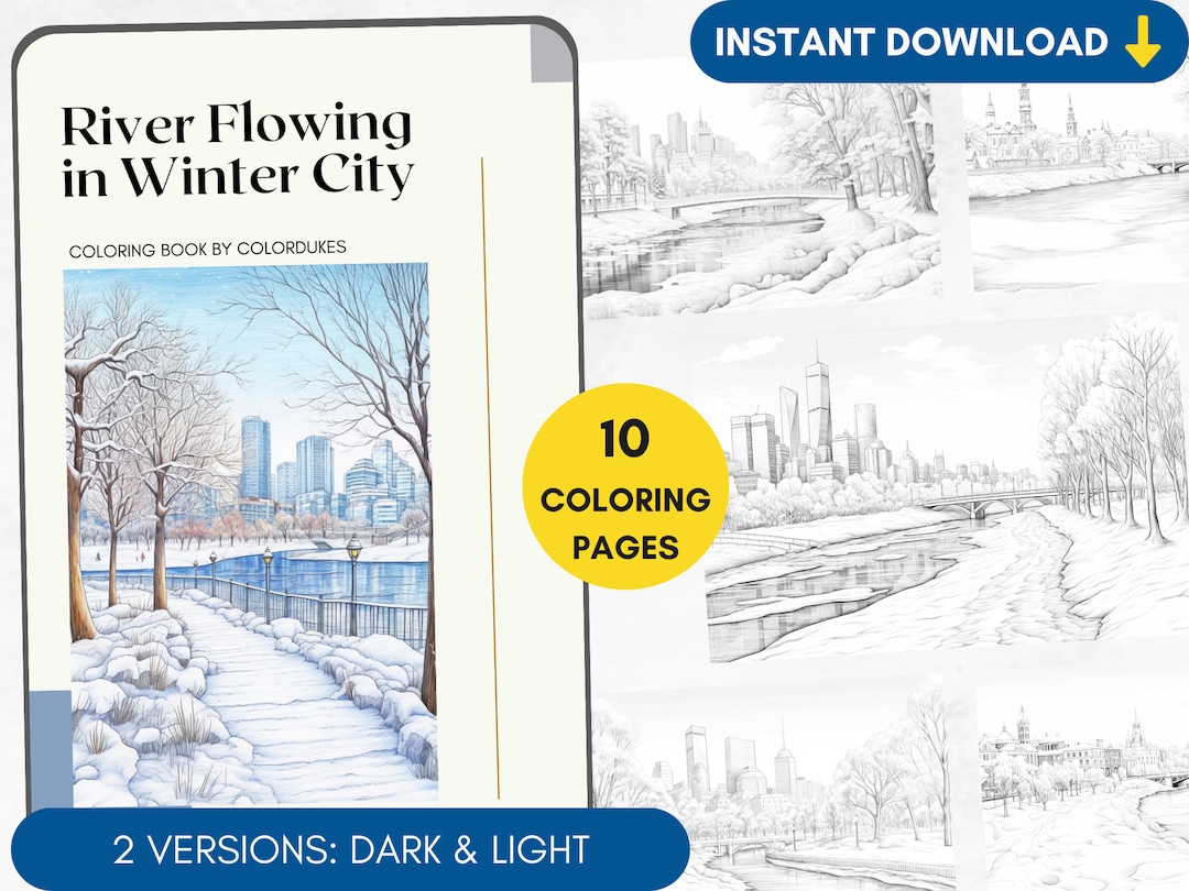 10 Coloring Pages, Winter in City Grayscale Coloring Book for Adults ...