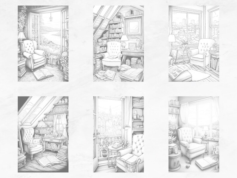 27 Coloring Pages, Cozy Reading Nooks Grayscale Adult Coloring Book ...